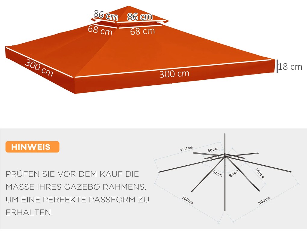 Outsunny náhradní střecha pro kovový altán 3x3m zahradní altán rezavě červený polyester, odolný proti povětrnostním vlivům