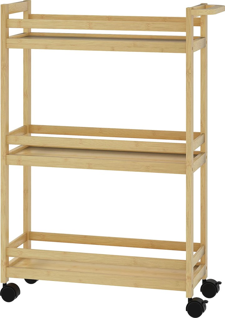 HOMCOM 3-vrstvý bambusový koupelnový regál na kolečkách do obývacího pokoje a kuchyně 55x20x75 cm přírodní