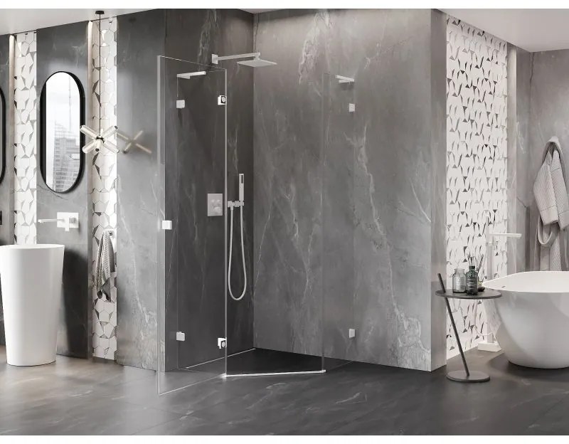 Mexen Lunar, L pětiúhelníkový sprchový kout naklápěcí doleva 80 x 80 cm, 8mm čiré sklo, bílý profil, 831L-080L-080P-20-00-L