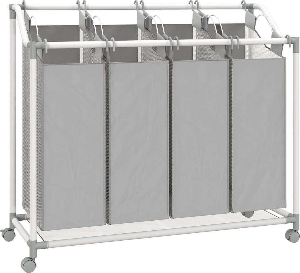 HOMCOM Koš na prádlo se 4 přihrádkami 160 L sběrač prádla s koly, vyjímatelný pytel na prádlo, 97 x 38 x 81 cm, šedá