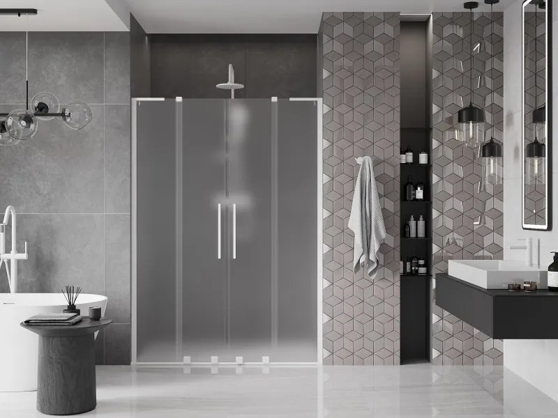 Mexen Velar L Duo, posuvné sprchové dveře do otvoru 160 cm, 8mm sklo námraza, bílá matná, 871-160-003-32-20