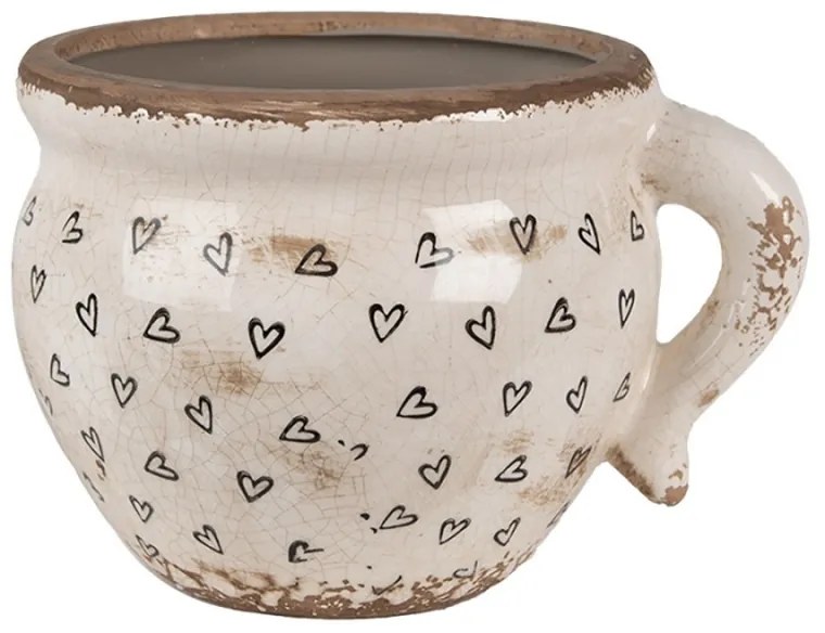 Béžový keramický obal na květináč se obrysy srdíček Ankie s uchem – 20x17x15 cm