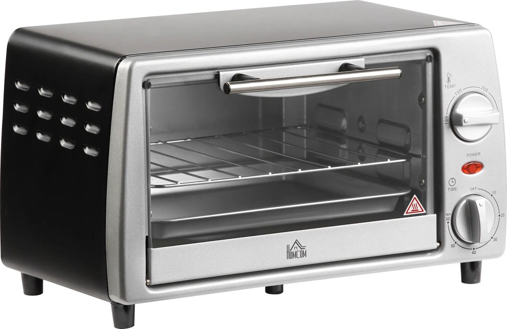 HOMCOM Elektrická trouba 10L, nastavitelná teplota a časovač, gril a pánev v balení, 750W, 36.5x26x22cm, stříbrno-černá | Aosom