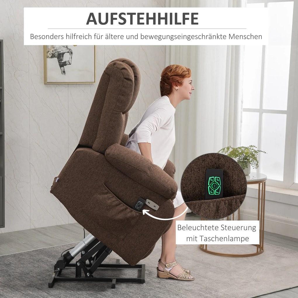HOMCOM Elektrické televizní křeslo se stojanem Relaxační křeslo s dálkovým ovládáním s napájecím kabelem 58W Hnědá ocel Polyester 92 x 95 x 107 cm