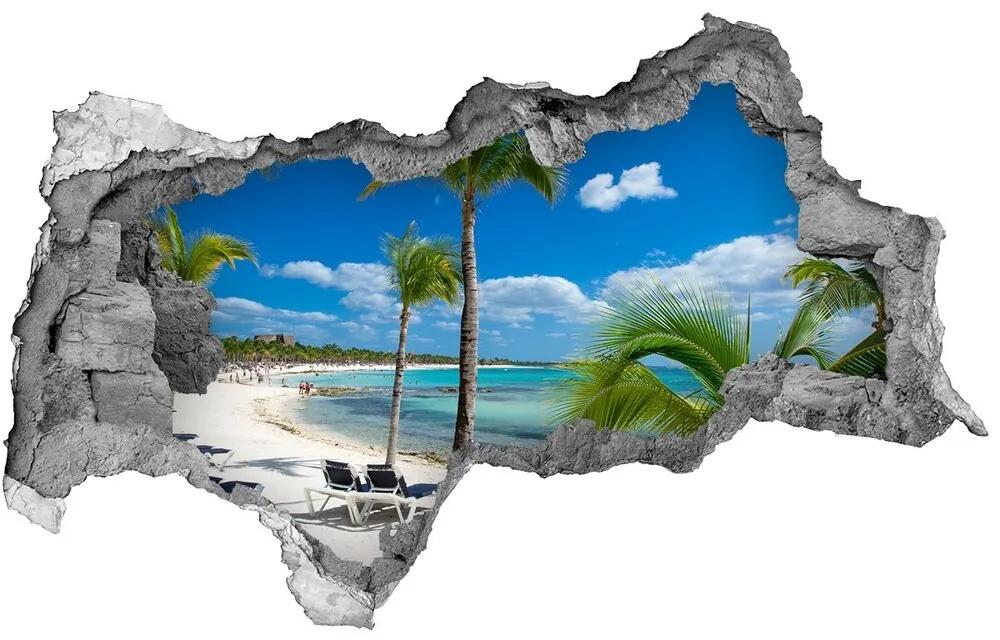 Wallmuralia Díra 3D ve zdi nálepka Maledivy pláž 95x73 cm