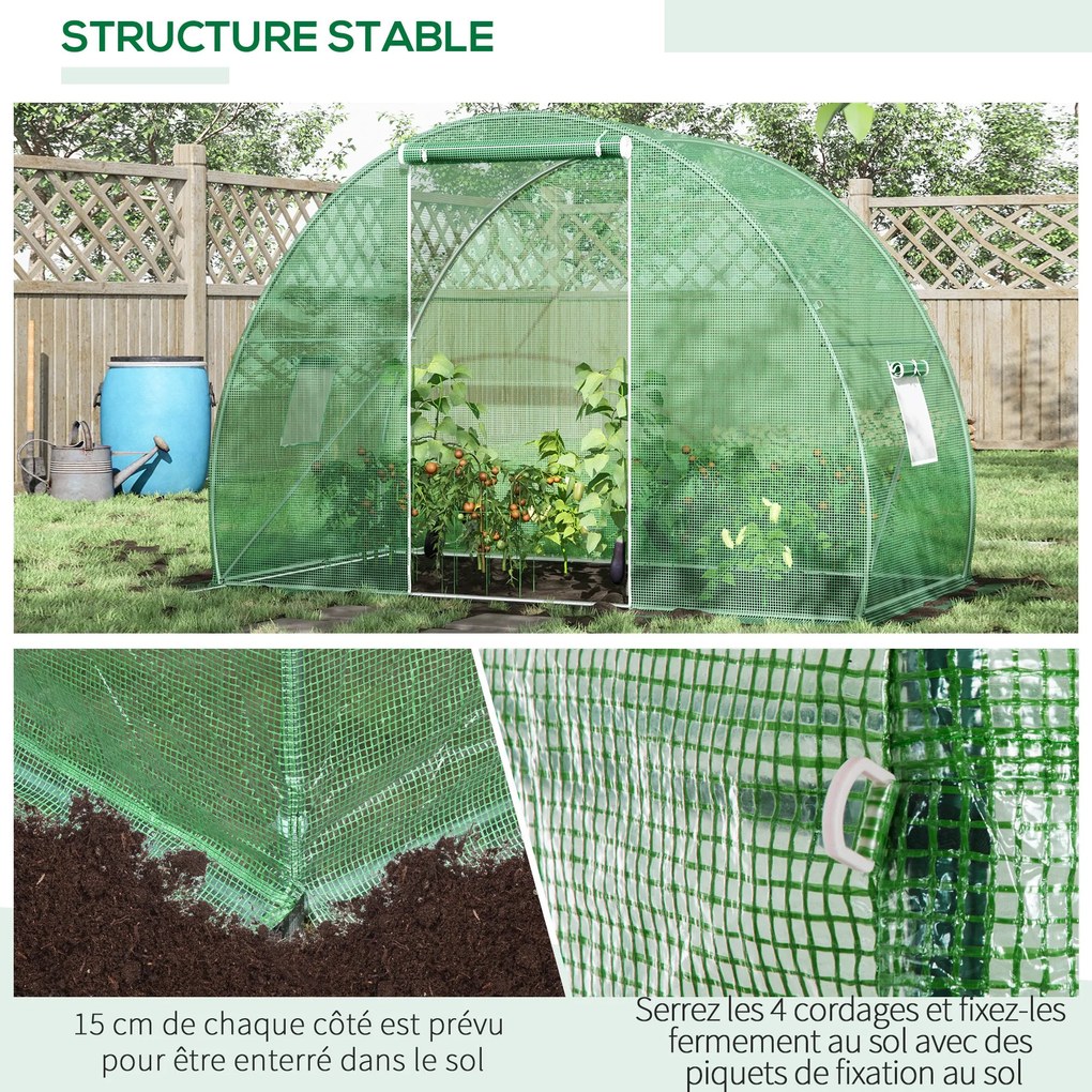 Zimní skleník Outsunny s tunelovým designem, plocha 4,5 m², rozměry 3L x 1,5W x 2H m, vyztužený rám, zipové dveře, 2 okna pro ventilaci, zelený