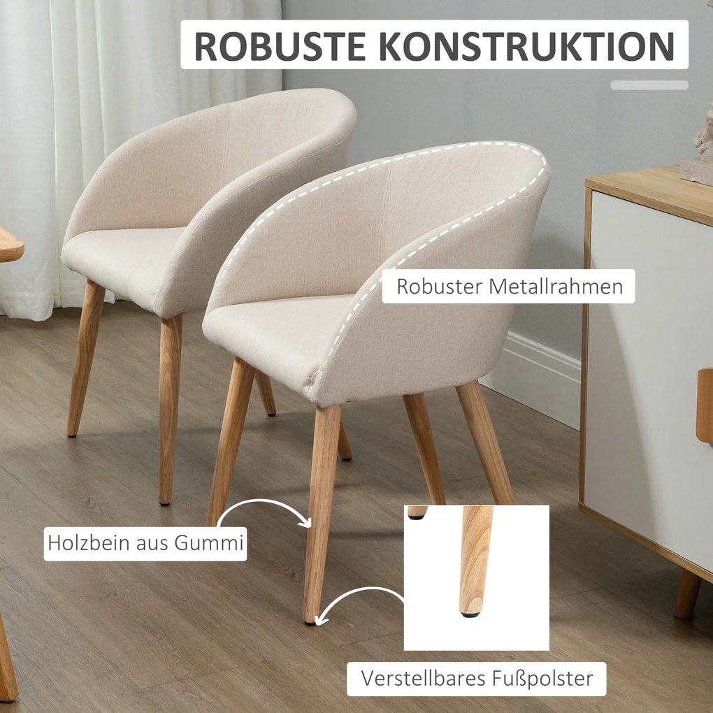 HOMCOM Sada 2 jídelních židlí - Skandinávský design - Zúžené skloněné nohy z kaučukového dřeva - Ergonomický potah s opěradlem a područkami v lnu béž…