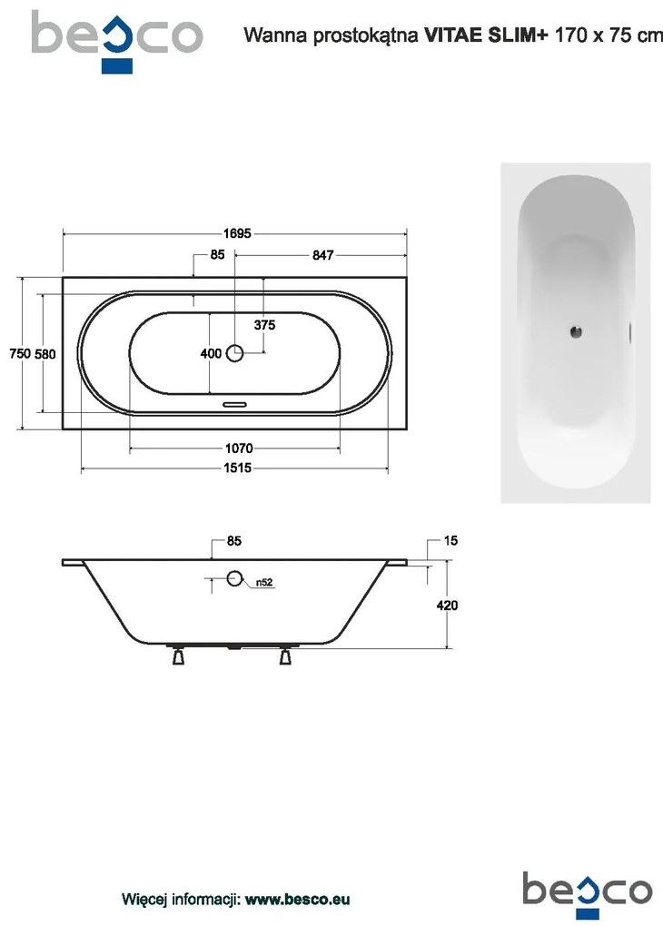 BESCO Obdélníková vana VITAE SLIM+ Barva sifonu - Černá, Nožičky k vaně - Bez nožiček, Rozměr vany - 170 × 75 cm - VANVIT17SLIMPLB