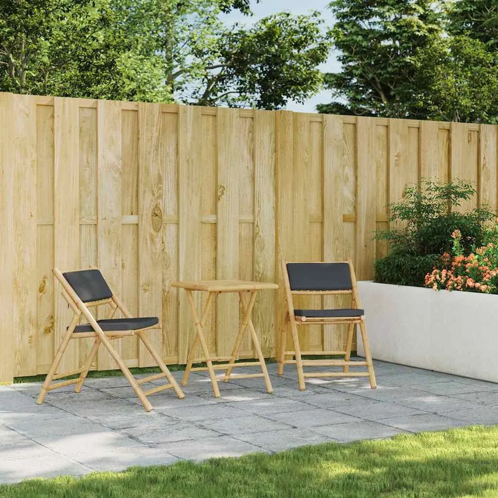 3dílný skládací bistro set s tmavě šedými poduškami bambus 3208934