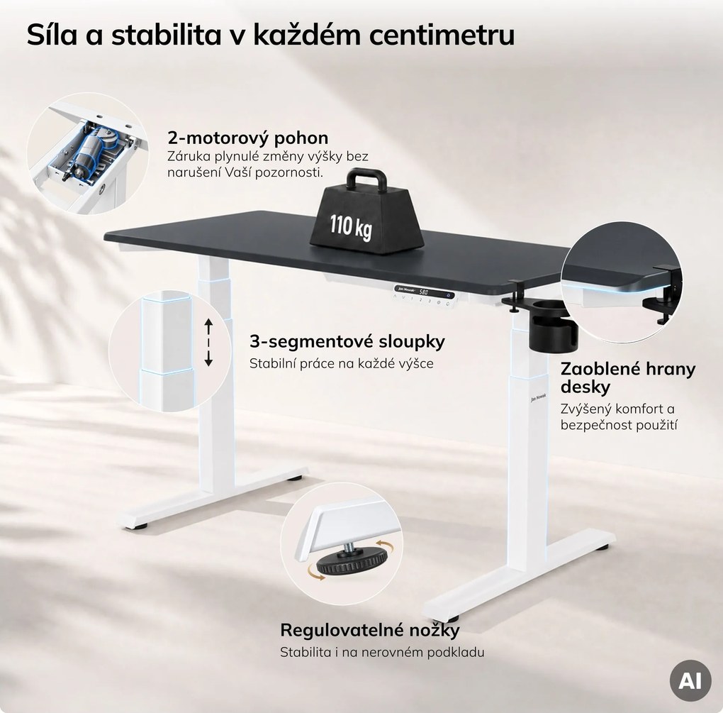 Elektrický stůl s nastavitelnou výškou ergonomický bílo-antracitový,1200x600 mm: ARIA