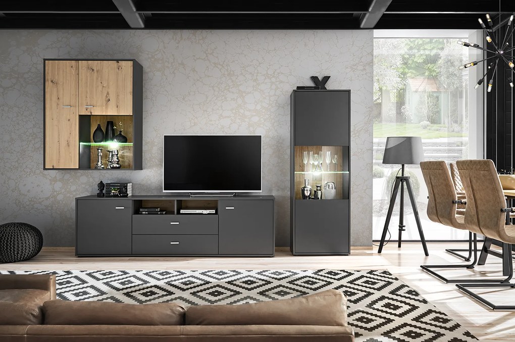 Moderní obývací stěna Mondeo + LED, dub artisan/šedá