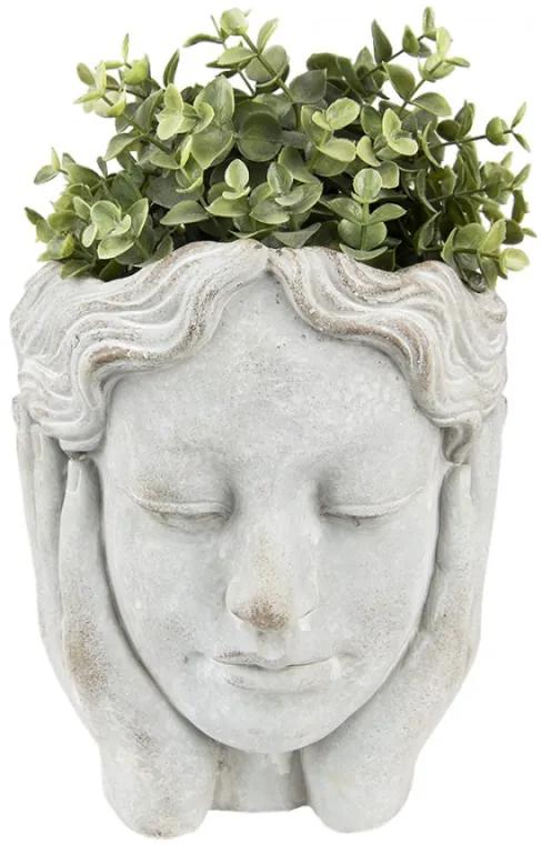 Šedý cementový květináč hlava dívky v dlaních M – 18x18x20 cm