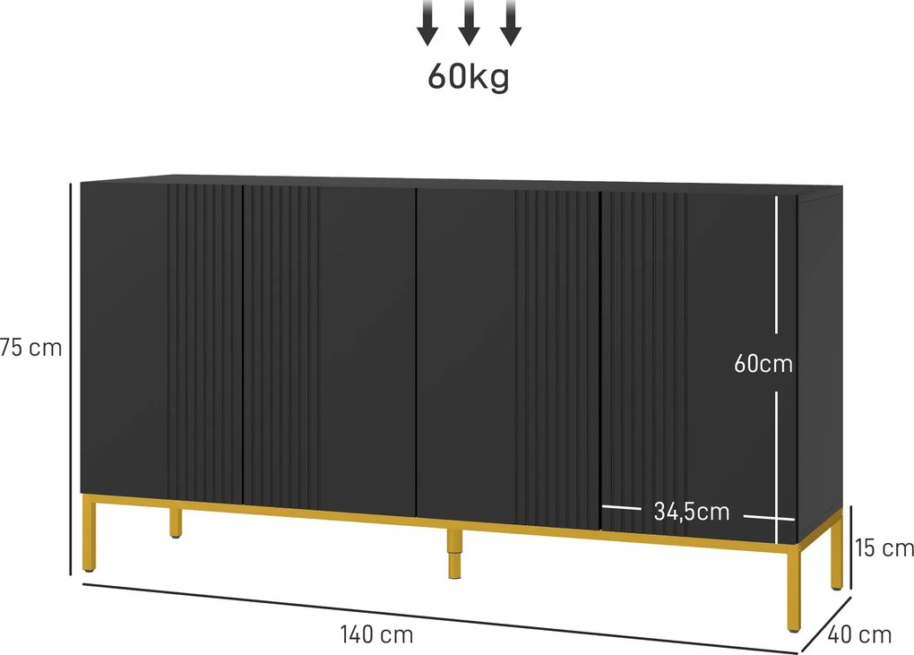 HOMCOM Moderní úložný bufetový kabinet s grafickým designem a 2 skříňkami, nastavitelné police, černé dřevo, zlatý kov | Aosom