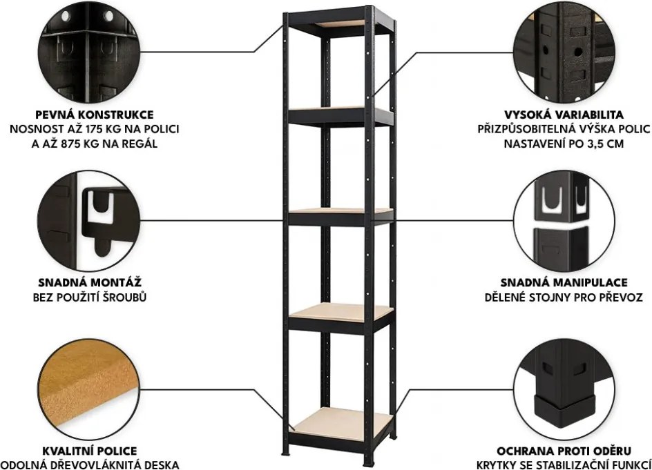 Akce 10x Regál 180x40x40 cm lakovaný 5-policový, nosnost 875 kg - černý