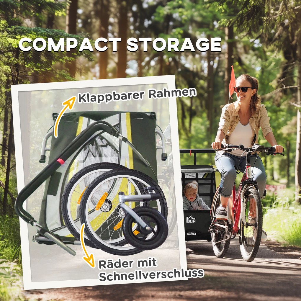 HOMCOM Dětský cyklistický přívěs 2 v 1 s odpružením, síťované dveře, přední kolo otočné o 360°, brzda, žlutá+černá, 142x75x101cm