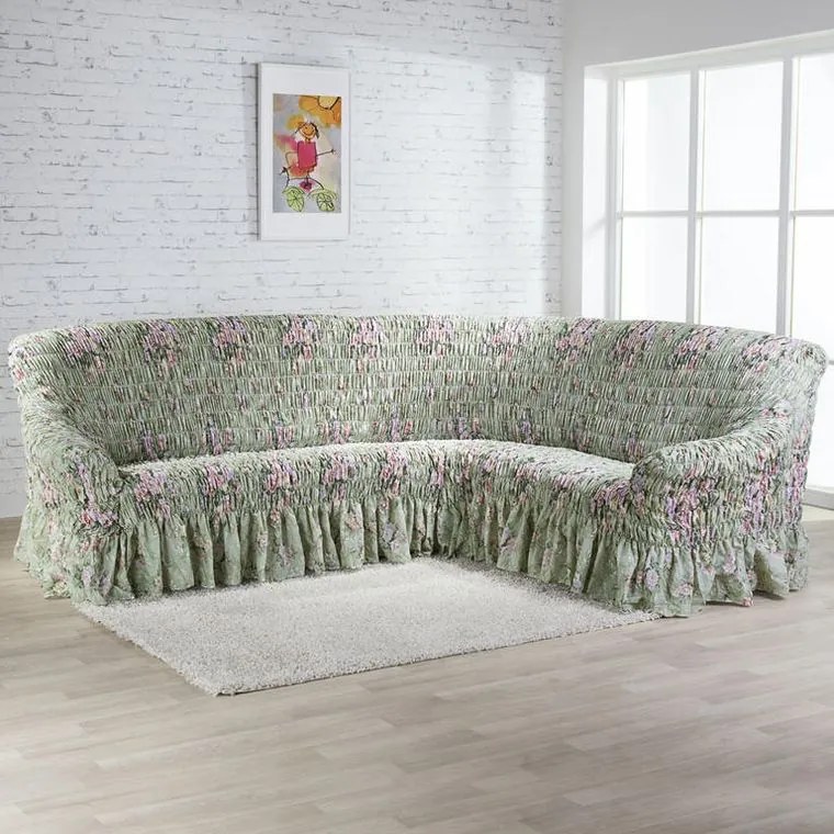 Napínací potahy s volánem FIORELA zelená křeslo (š. 60 - 110 cm)