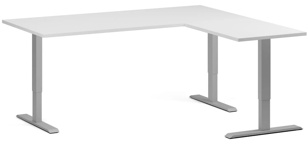 Rohový výškově nastavitelný stůl, 180x160 cm, 3 motory, L/P, šedá podnož, bílá