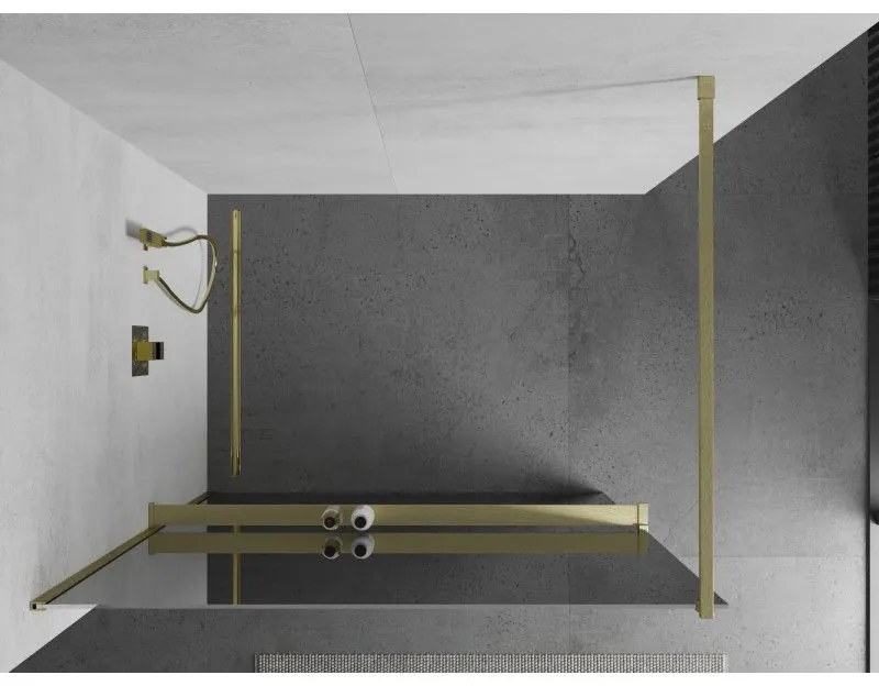 Mexen Kioto+, sprchová zástěna Walk-In s poličkou a věšákem 110 x 200 cm, 8mm sklo vzor zrcadlo, zlatý matný profil, 800-110-121-55-50