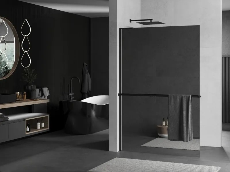 Mexen Kioto+ L, sprchová zástěna Walk-In s poličkou a věšákem 80 x 200 cm, 8mm sklo vzor zrcadlo, černý profil, 800-080-123-70-50