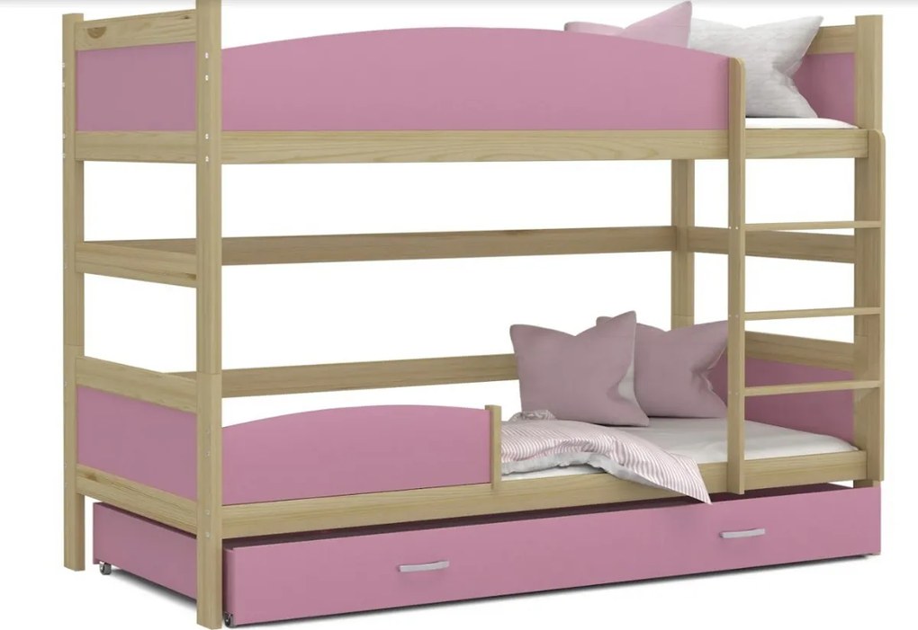 Dětská patrová postel SWING 2 + matrace + rošt ZDARMA, 190x80, borovice/růžový