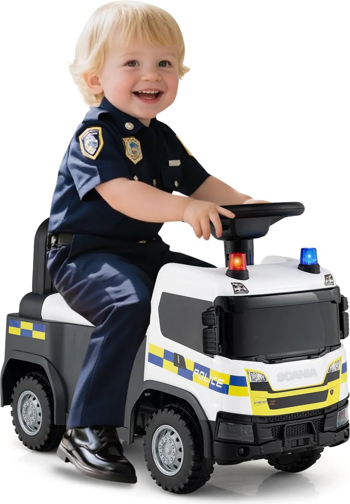 Costway 2 v 1 Policejní vůz s volantem a úložným prostorem Odtlačovací vůz