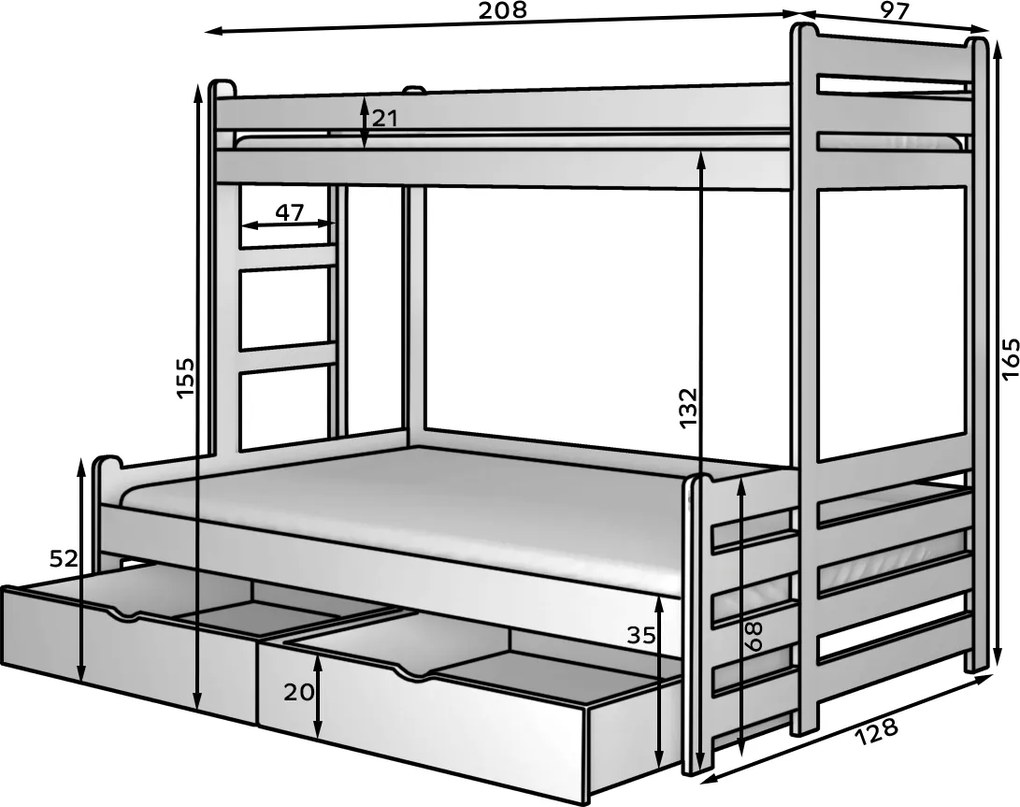 ADRK Furniture Třílůžková patrová postel s matracemi BENITO 200x90