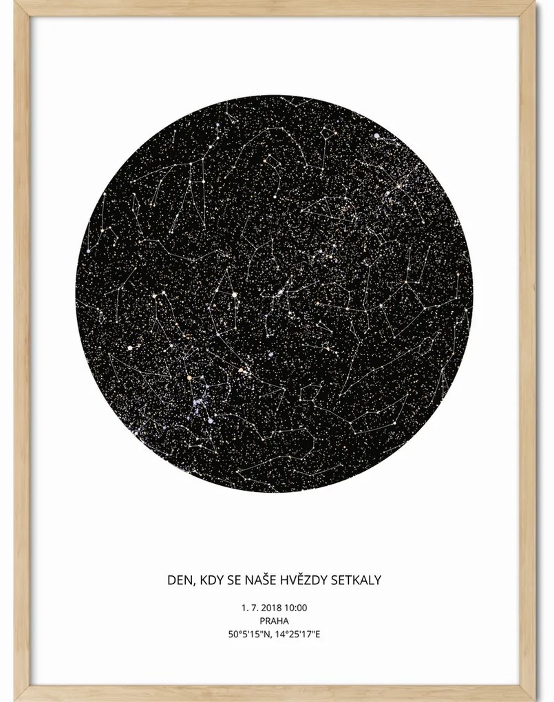 Hvězdná mapa Vašeho životního okamžiku Rozměr plakátu: 30 x 40 cm, Barva pozadí: Vesmírná, Volba rámu: Lípa dřevěný rám