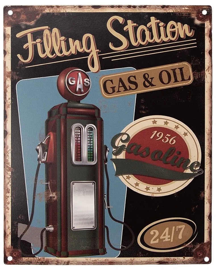 Černá antik nástěnná kovová cedule Filling Station - 20*1*25 cm