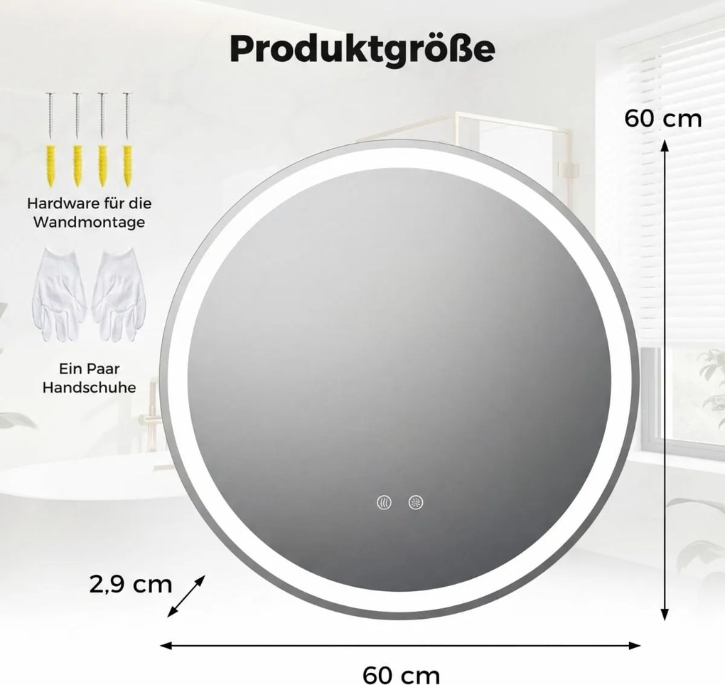 Costway 60 cm kulaté LED osvětlené zrcadlo koupelnové zrcadlo s nastavitelným
