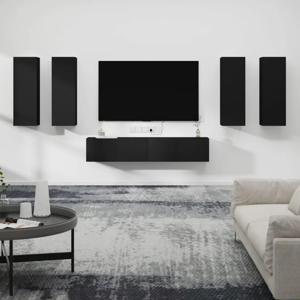 6Dílný Set Tv Skříněk Černý Kompozitní Dřevo - Kouřový dub / 90 cm