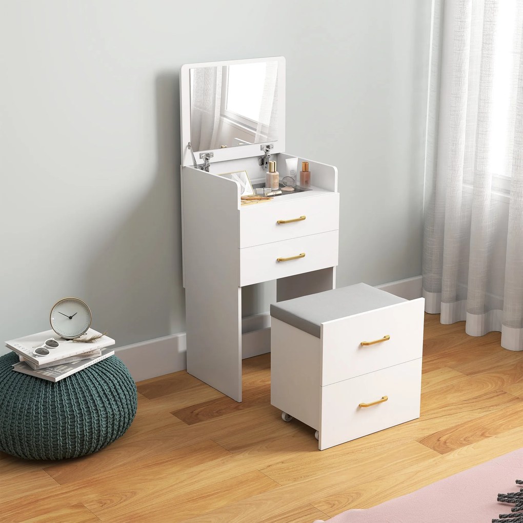 HOMCOM 3-v-1 Toaletní Stolek se Židlí - Toaletní Stolek s Zrcadlem, Zásuvkami a Skleněnou Deskou - Moderní Toaletní Stolek do Ložnice 48x40x90 cm Bílý