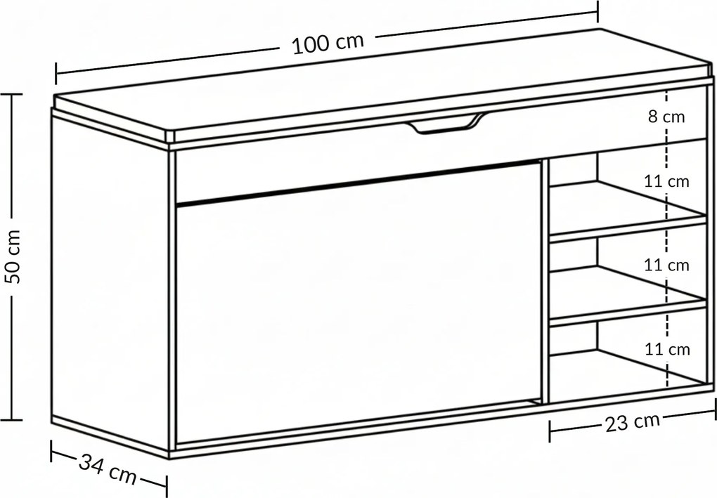 Botník černý se sedákem a výsuvnými policemi GRADIA, 100 x 34 x 50 cm