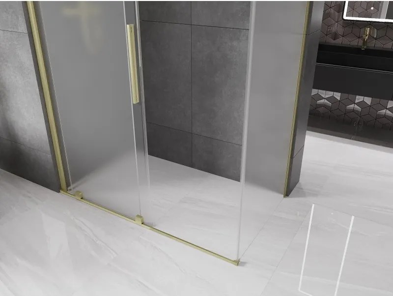 Mexen Velar, sprchový kout s posuvnými dveřmi 140 x 85 cm, 8mm sklo námraza, zlatá matná, 871-140-085-31-55
