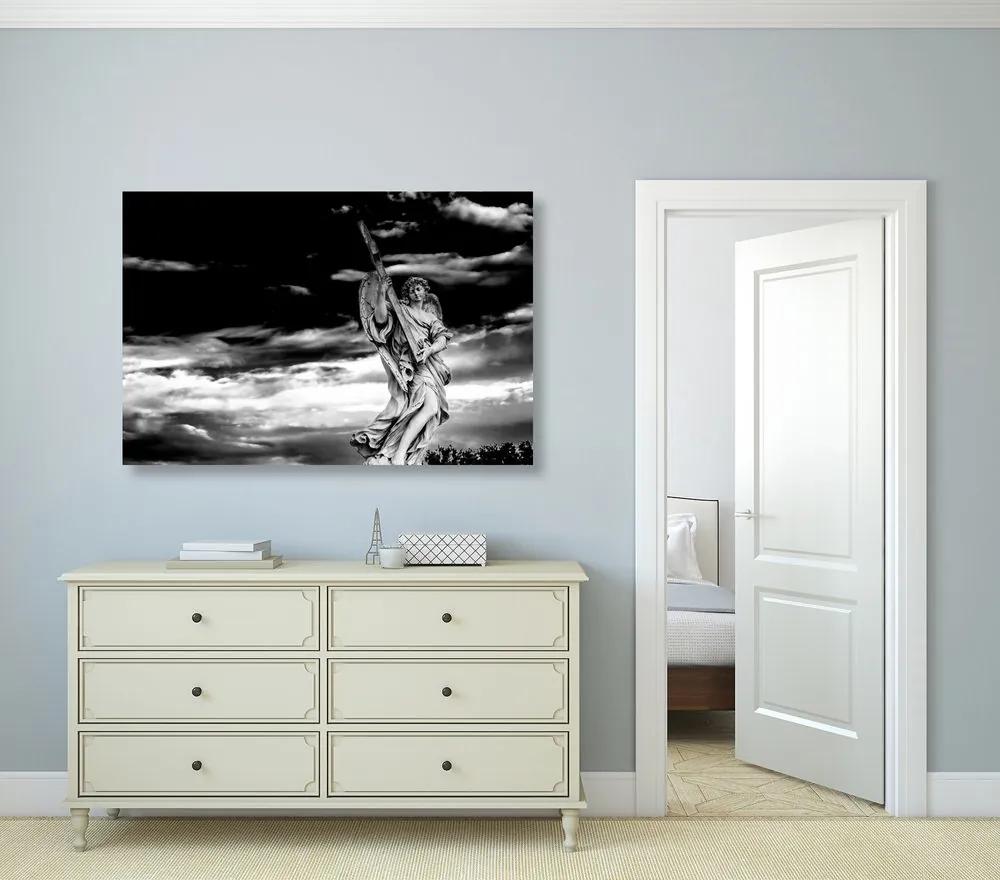 Obraz anděl s křížem v černobílém provedení - 60x40 cm