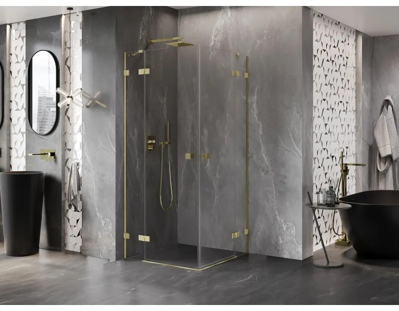 Mexen Lunar Duo, výklopný sprchový kout 105 x 105 cm, 8mm čiré sklo, zlatý matný profil, 834-105L-105P-55-00