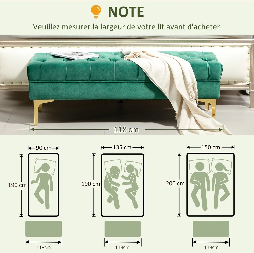 HOMCOM Klasická Chic Léčba Podnožka S Hlavou s Koupelí se Zlatý Skleněné Nohy - Zelený Velvet - 118D x 45Š x 42V cm | Aosom