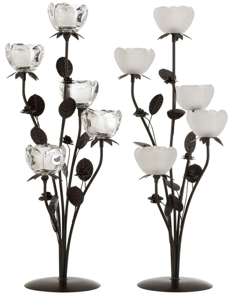Set 2ks kovový svícen na čajovou svíčku s pěti skleněnými miskami ve tvaru květiny - 22*22*58 cm