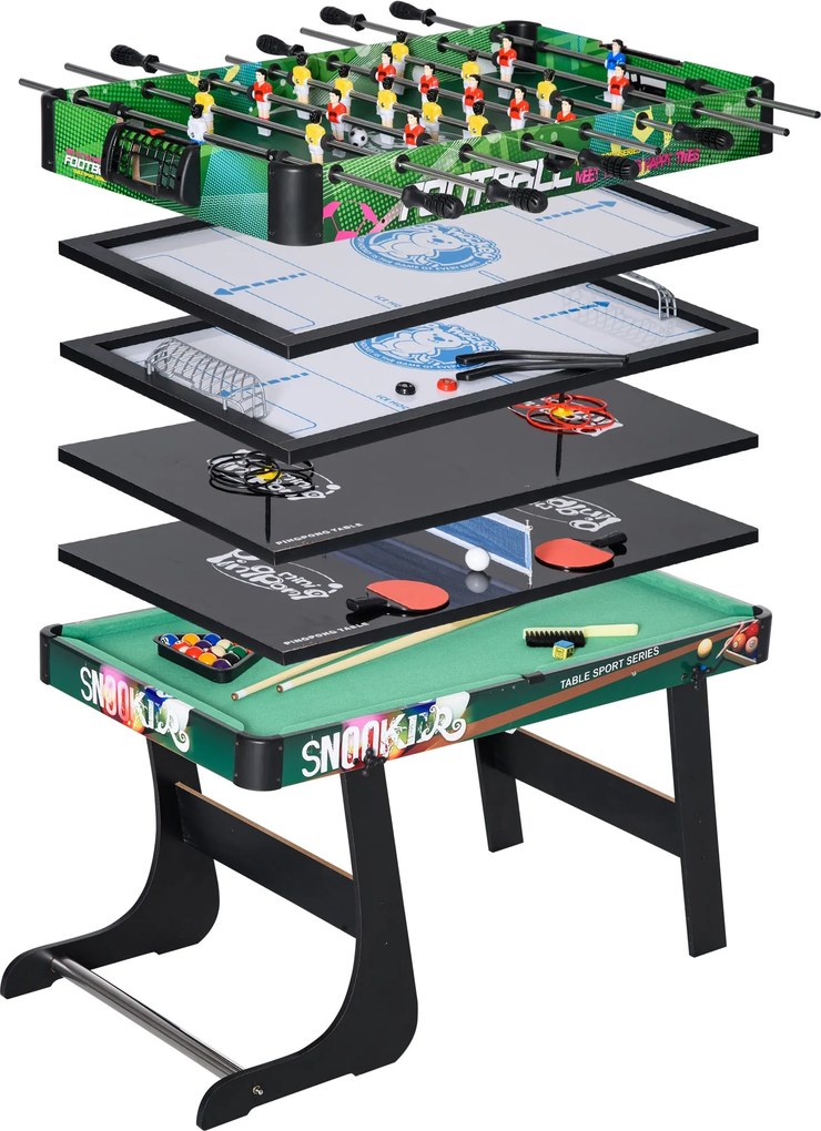 HOMCOM 6 v 1 Skládací Multiherní Stůl pro Děti od 7 Let – Stolní Hry: Kulečník, Stolní Fotbal, Ping Pong, Hoops, Air Hockey, Lední Hokej 118x104x71 cm