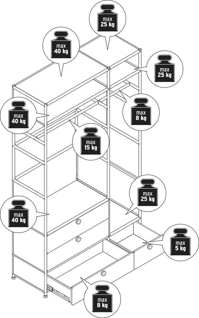 Tchibo - Kovová šatní skříň »Cn3« se 2 šatními tyčemi a 4 zásuvkami - barva: bílá