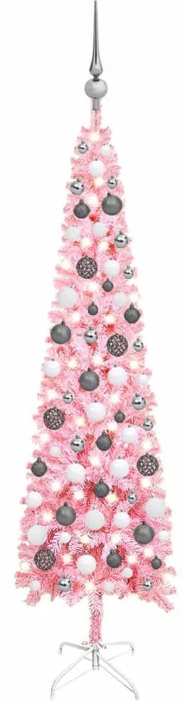 3078106 vidaXL Úzký vánoční stromek s LED diodami a sadou koulí růžový 120 cm