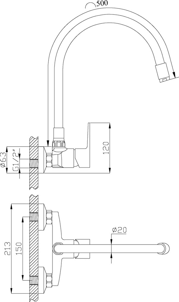 Invena Verso, nástěnná kuchyňská baterie 150mm s elastickým ramenem, černá matná, INV-BC-82-E44-L