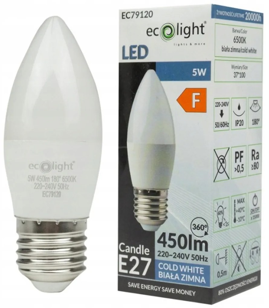 ECOLIGHT LED žárovka E27 5W 500lm 6500K 220 - studená bílá