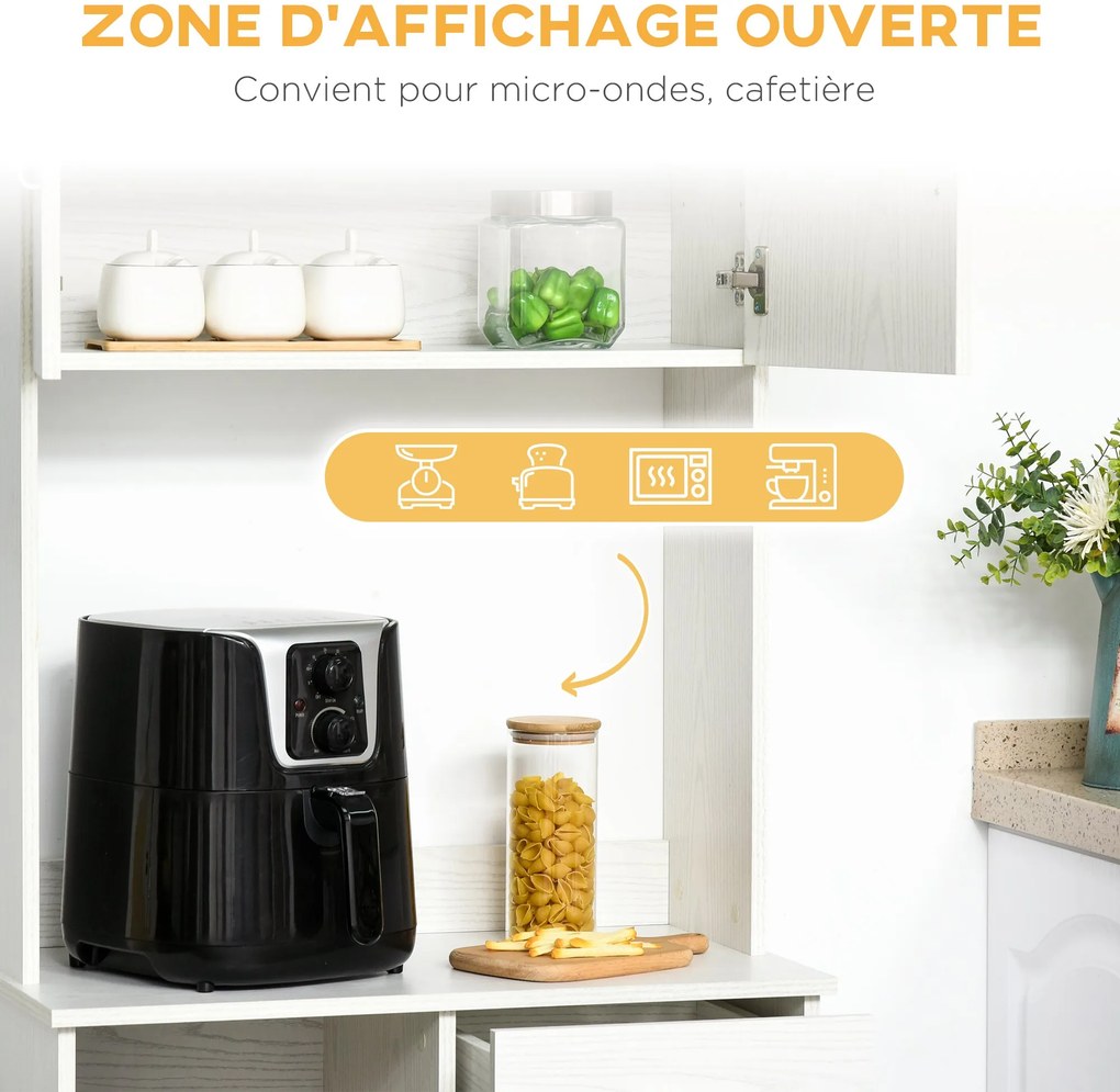 HOMCOM Kuchyňský Buffet Kuchyňská Skříň Multi-Úložná 4 Dveře 1 Zásuvka Polička + Velký Pracovní Pult 71 x 41 x 178 cm Bílý MDF