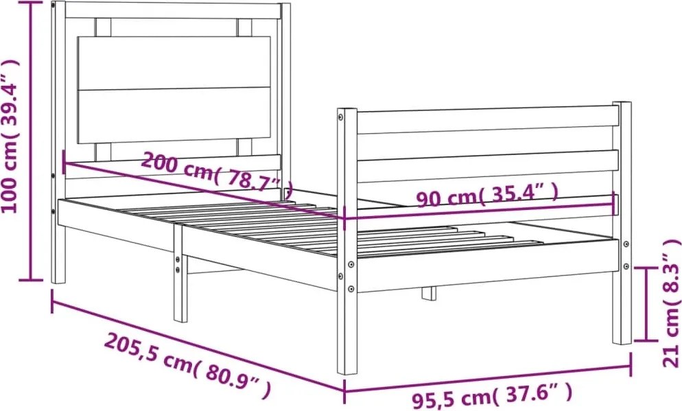 vidaXL Rám postele s čelem 90 x 200 cm masivní dřevo [3194040] Barva: Bílá