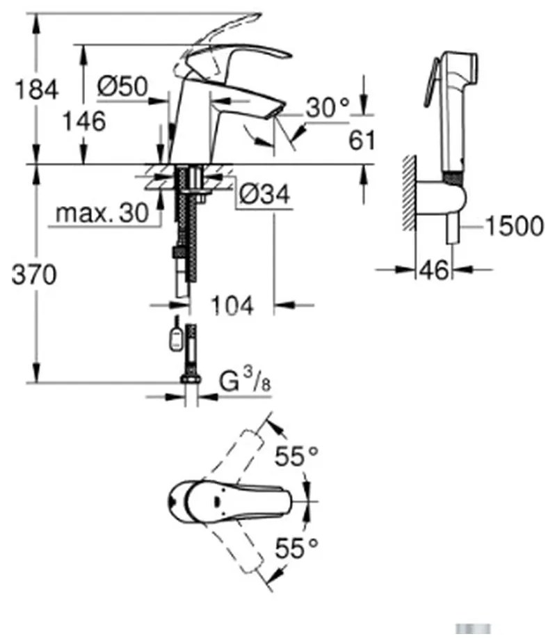 Grohe Eurosmart - Páková umyvadlová baterie s bidetovou sprškou S-Size, chrom 23124002