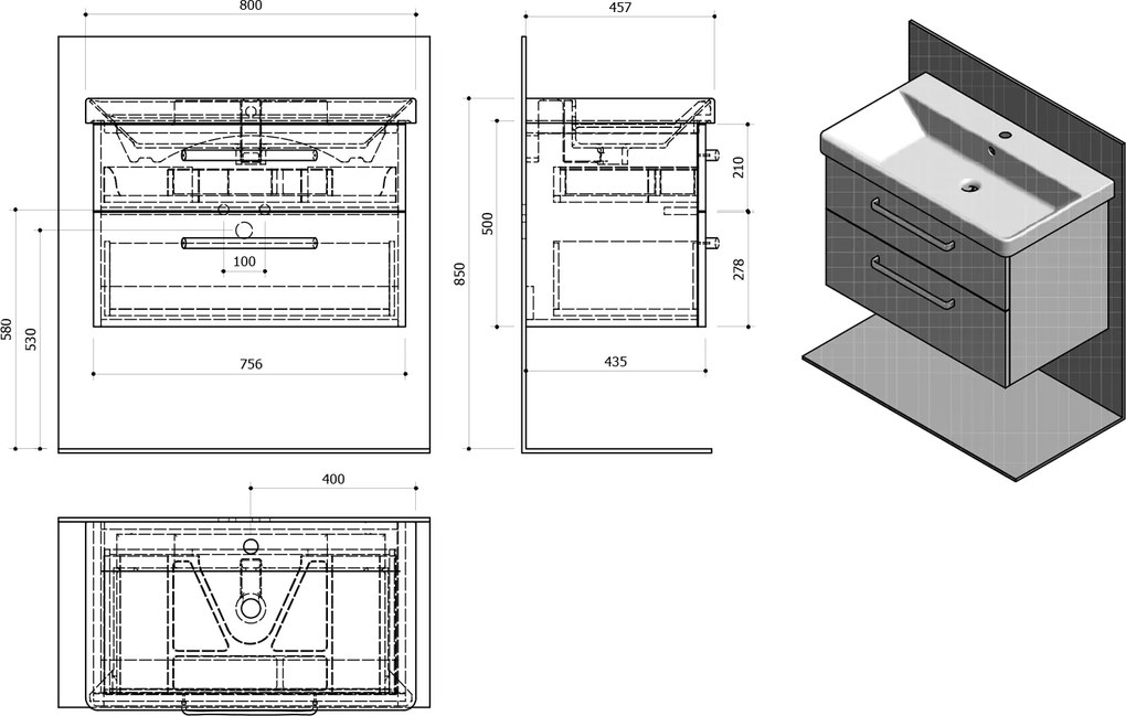 Sapho THEIA umyvadlová skříňka 75,6 x 50 x 43,5 cm 2x zásuvka dub alabama TH080-2222