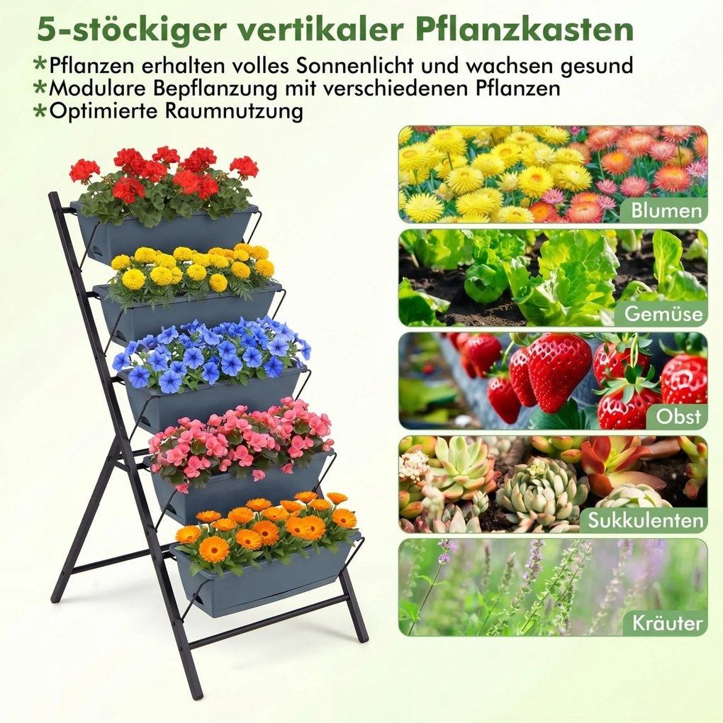 Costway 5-Tier Vertikální vyvýšený záhon s 5 odnímatelnými truhlíky na květiny