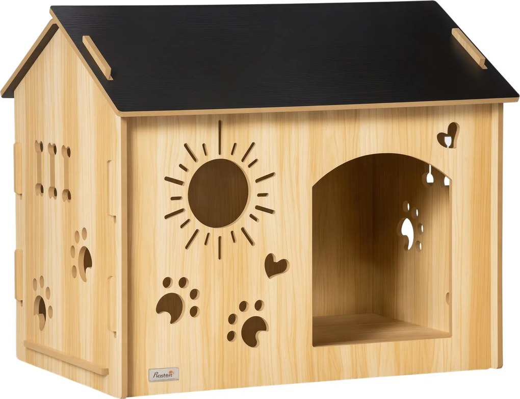 Dřevěná psí bouda PawHut pro malé zvířata s ventilačními otvory, psí kotec s střechou, psí jeskyně, vnitřní MDF Jasan + Černá 69 x 50 x 58,5 cm | Aoso