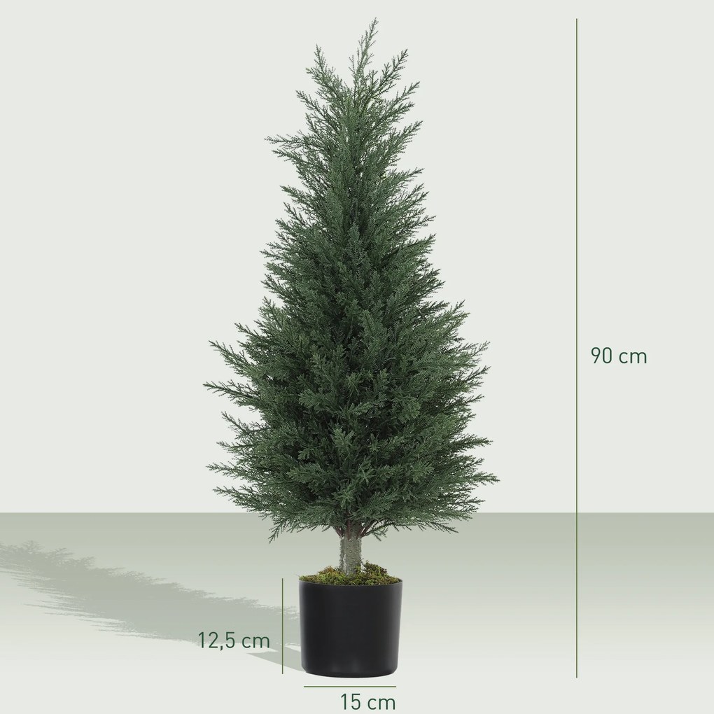 HOMCOM sada 2 umělých cypřišů, 90 cm — rostliny s mechem v květináčích, UV-odolné, realistické listy z PE pro interiér i exteriér