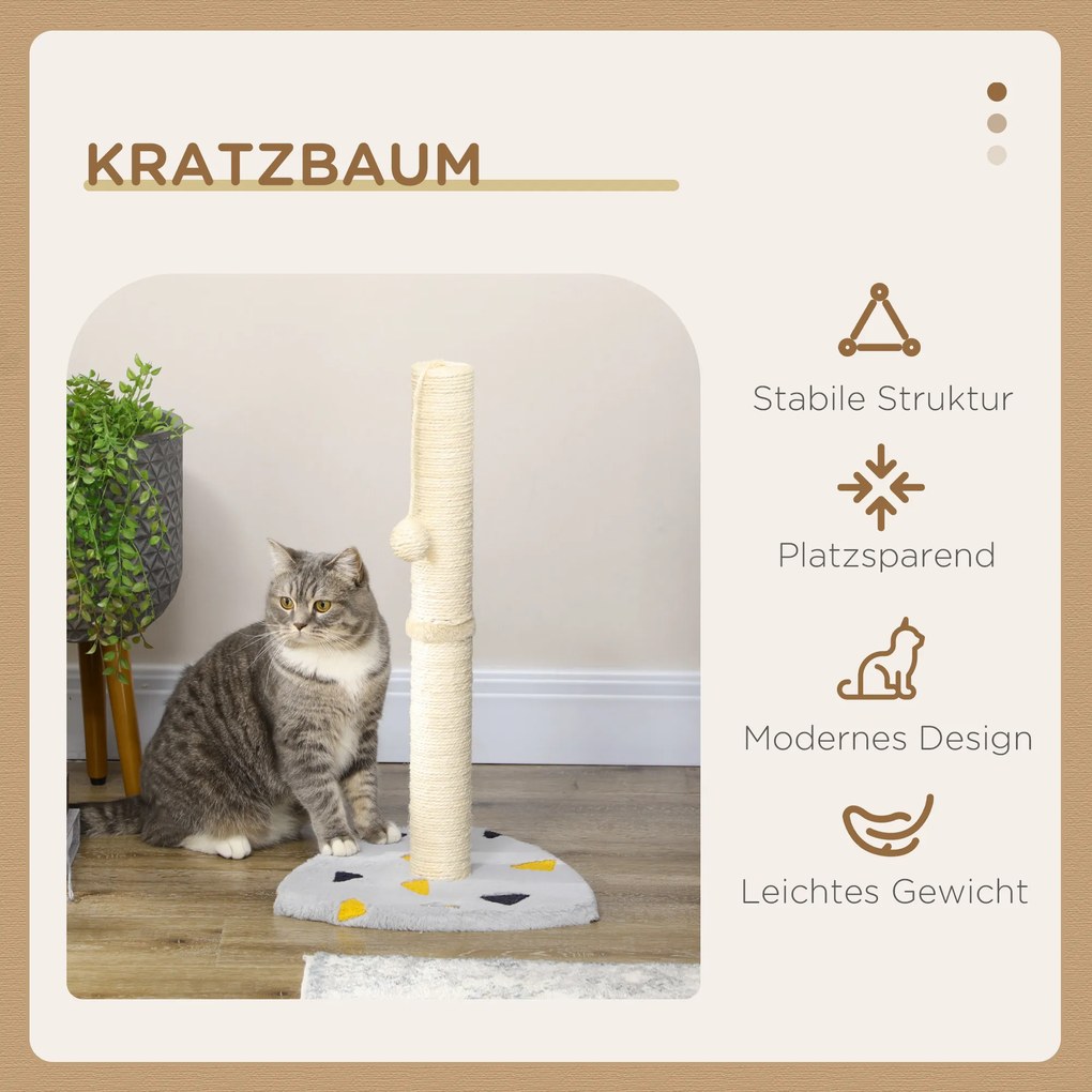 Škrabací podložka PawHut pro kočky s plyšovým designem a hracím míčkem, robustní jutový provaz, kompaktní rozměry 35 x 35 x 62 cm, světle šedá a béžo…